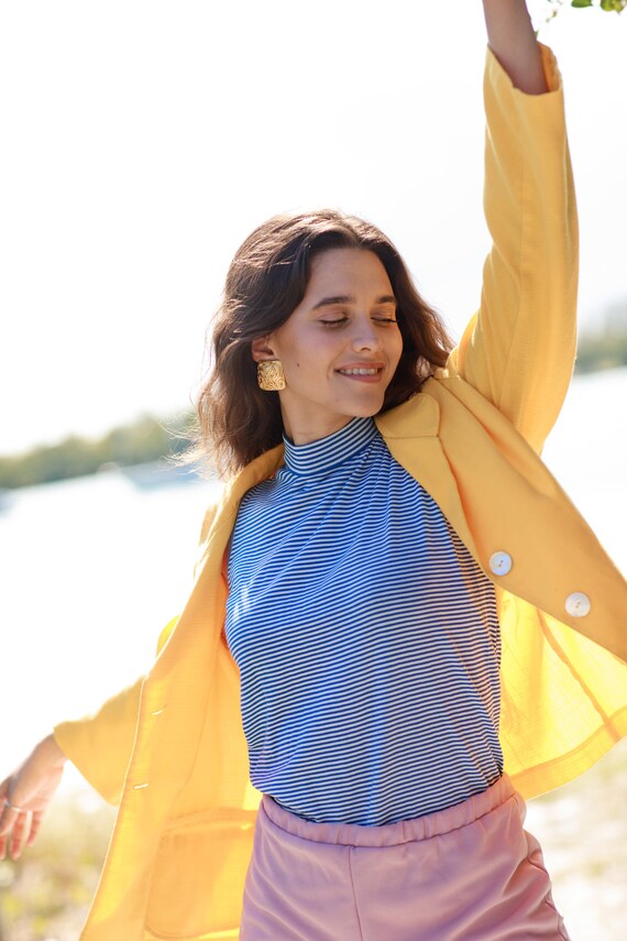 80s Bright Yellow Long Sleeve Blazer Vintage Oversize… - Gem