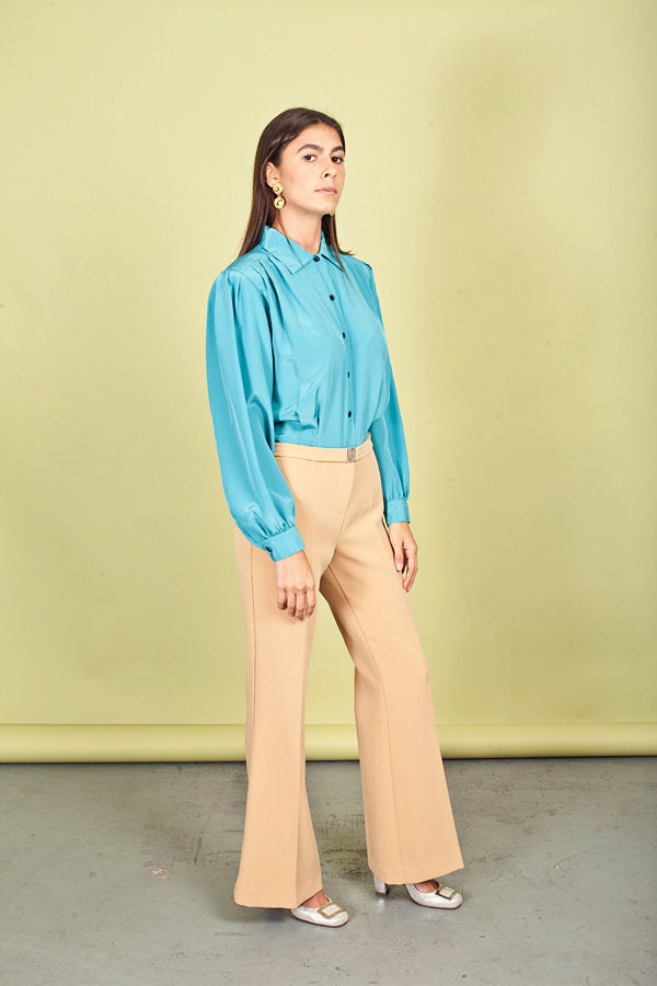 80s Cream Yellow Bell Bottoms Vintage High Waisted Pleated - Etsy