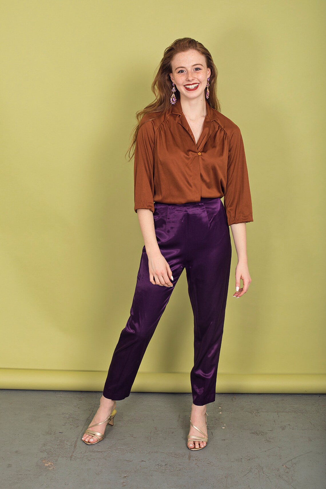 80s Deep Shiny Brown Top Vintage Long Sleeve Classic Blouse | Etsy