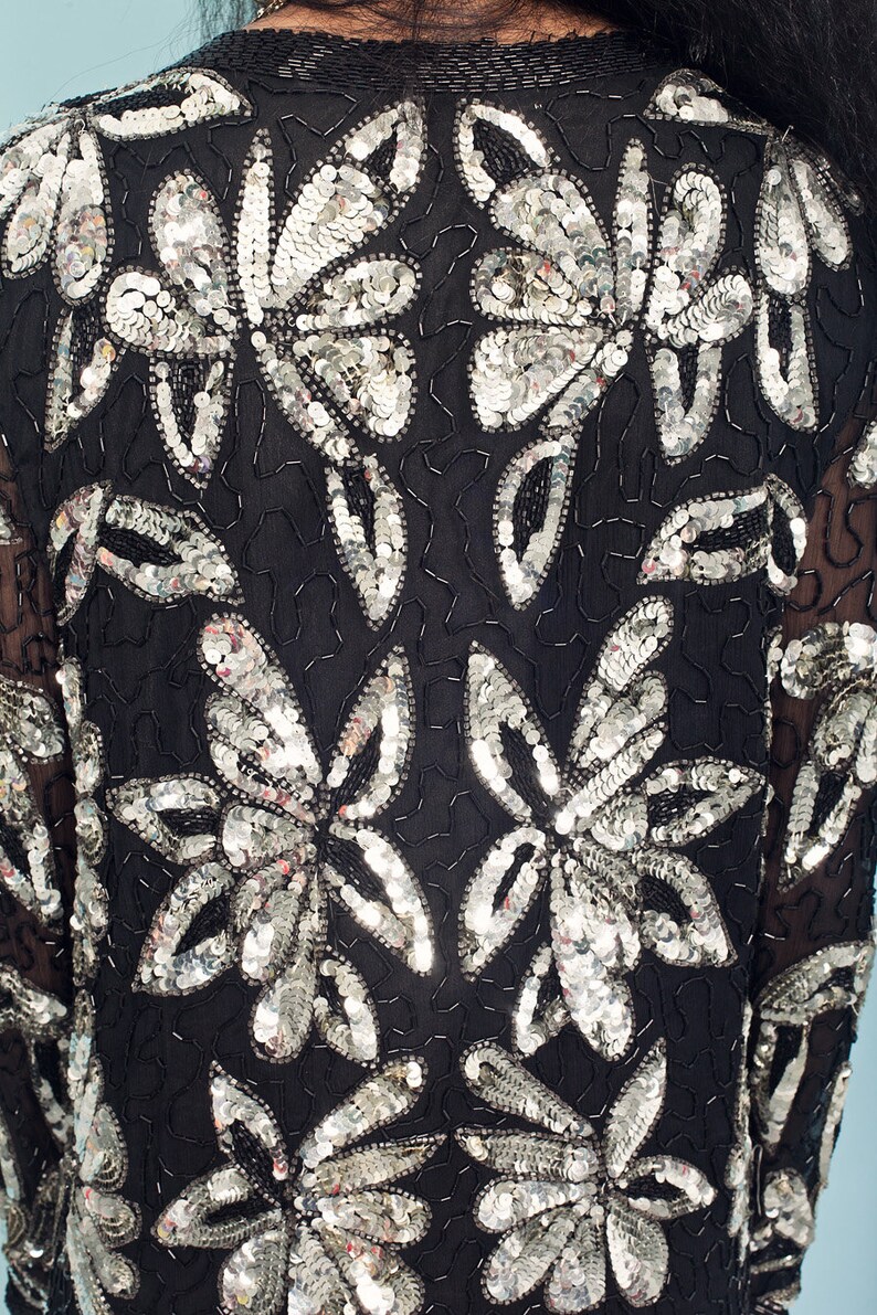 80s Silver Beaded Jacket Vintage Black Formal Encrusted Sequin Jacket ...
