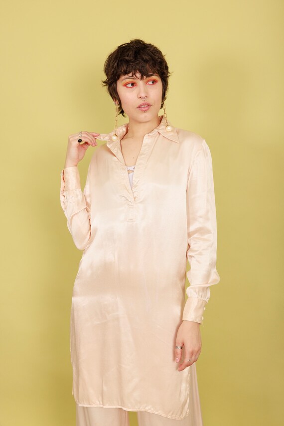 70s Light Pink Satin Tunic Robe Set Vintage Pant Long… - Gem