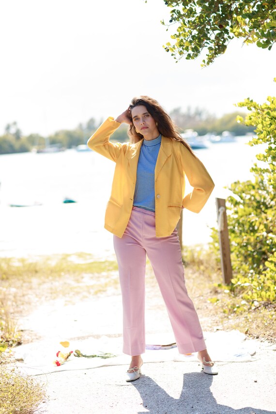 80s Bright Yellow Long Sleeve Blazer Vintage Oversize… - Gem