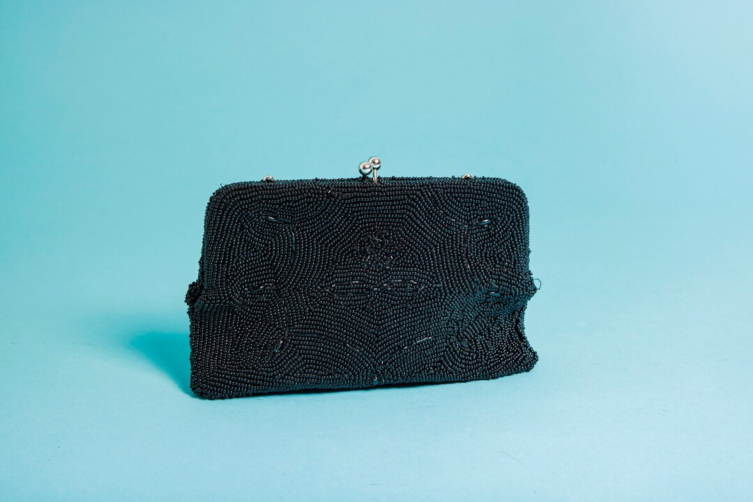 50s Black Beaded Clamp Purse Vintage Bead Formal Silk Clutch - Etsy