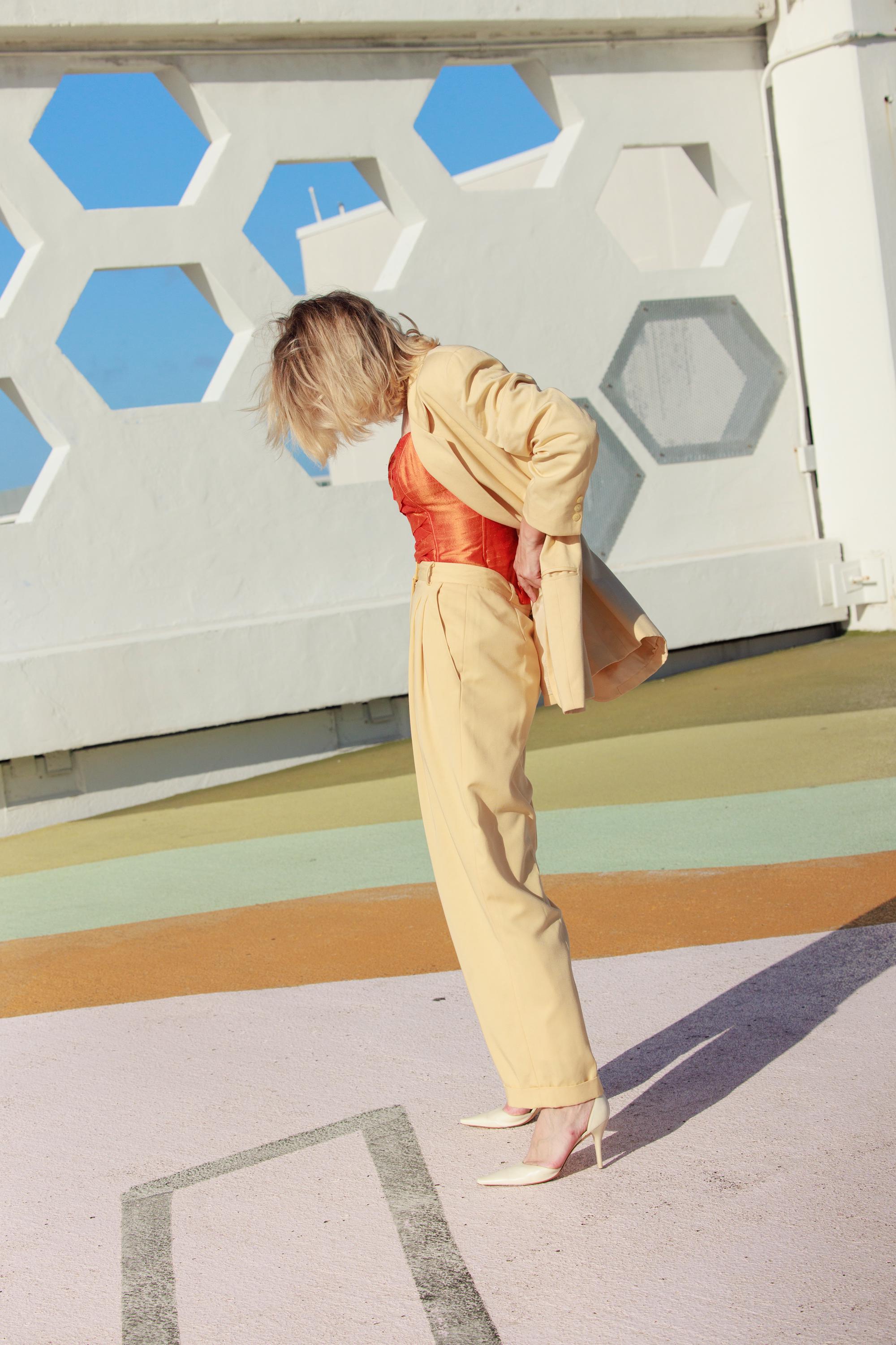90s Light Yellow Pastel Oversize Blazer Suit Vintage Relaxed Matching ...