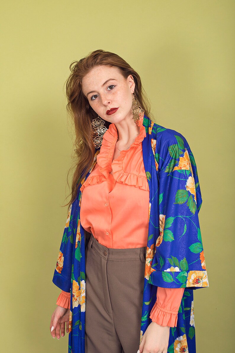 70s Blue Bright Flower Long Robe Vintage Orange Painted Print - Etsy