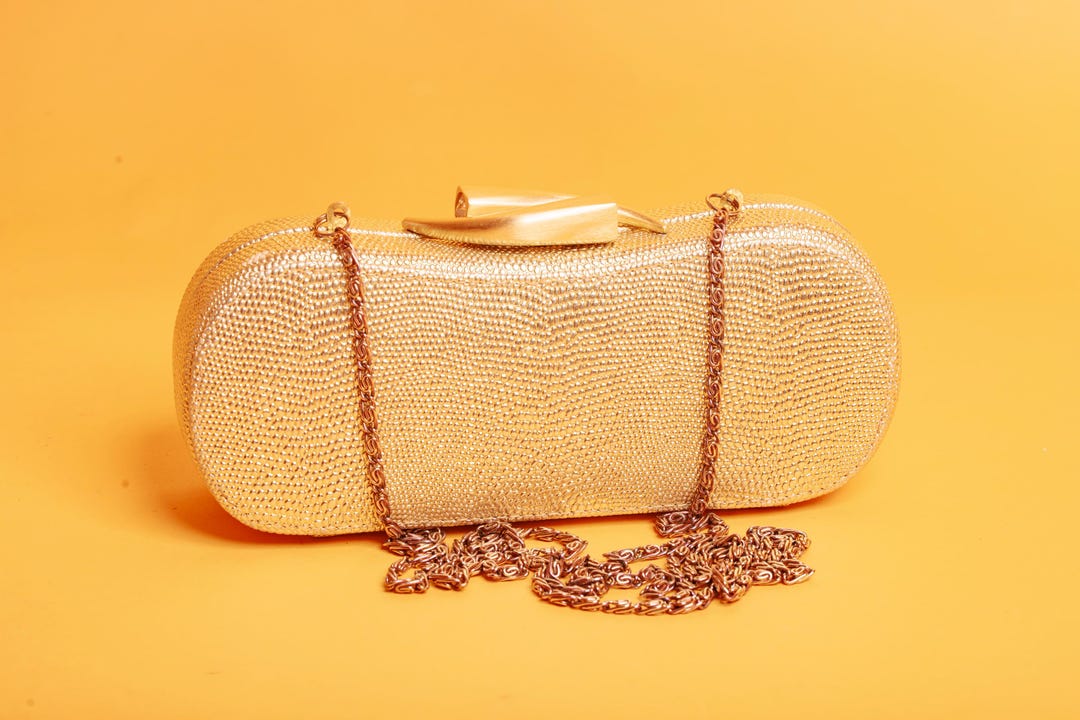 80s Gold Brass Metallic Boxy Textured Clutch Vintage Strappy Avant ...