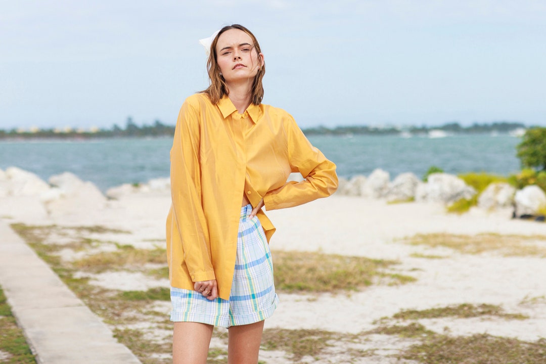 80s Sunflower Yellow Shiny Long Sleeve Top Vintage Oversize Silk Blouse ...