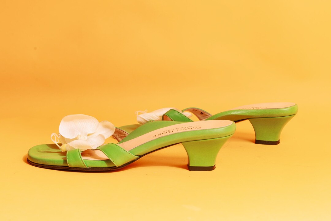 Vintage Taryn Rose Leather Mules: 90s Floral Applique Chunky Heel ...