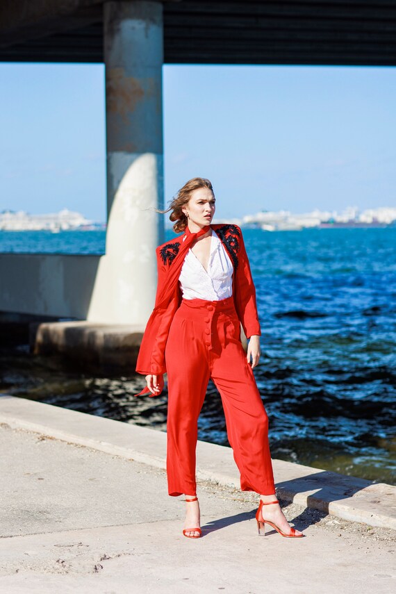 80s Bright Red Silk Statement Suit Vintage Blazer Seq… - Gem