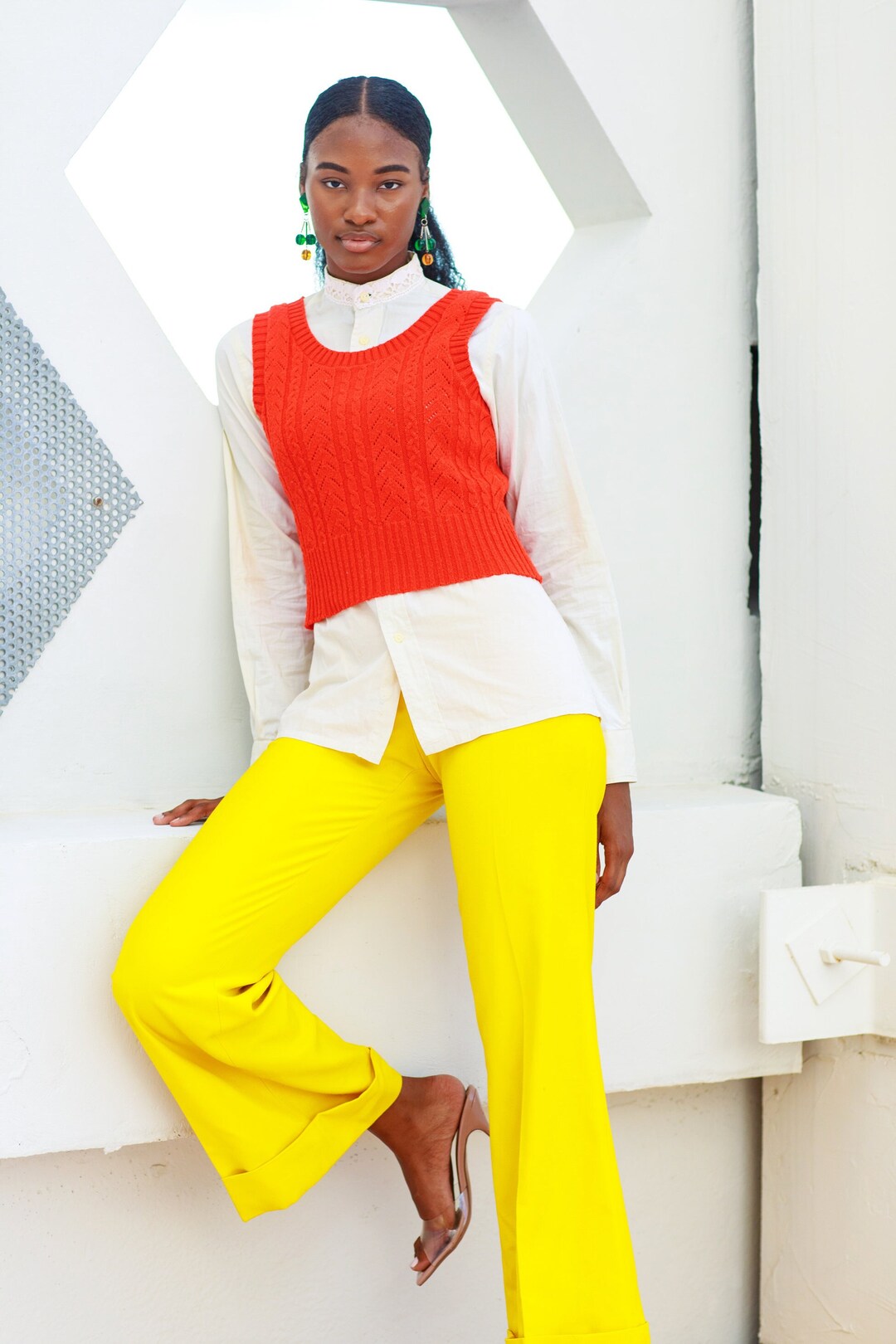 60s Deep Orange Sweater Vest Vintage Sleeveless Bright Cable Knit Vest ...