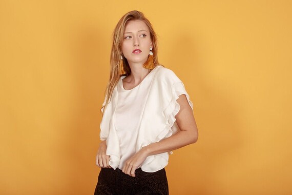 80s White Sheen Ruffles Romantic Top Vintage Billowy Sleeve | Etsy