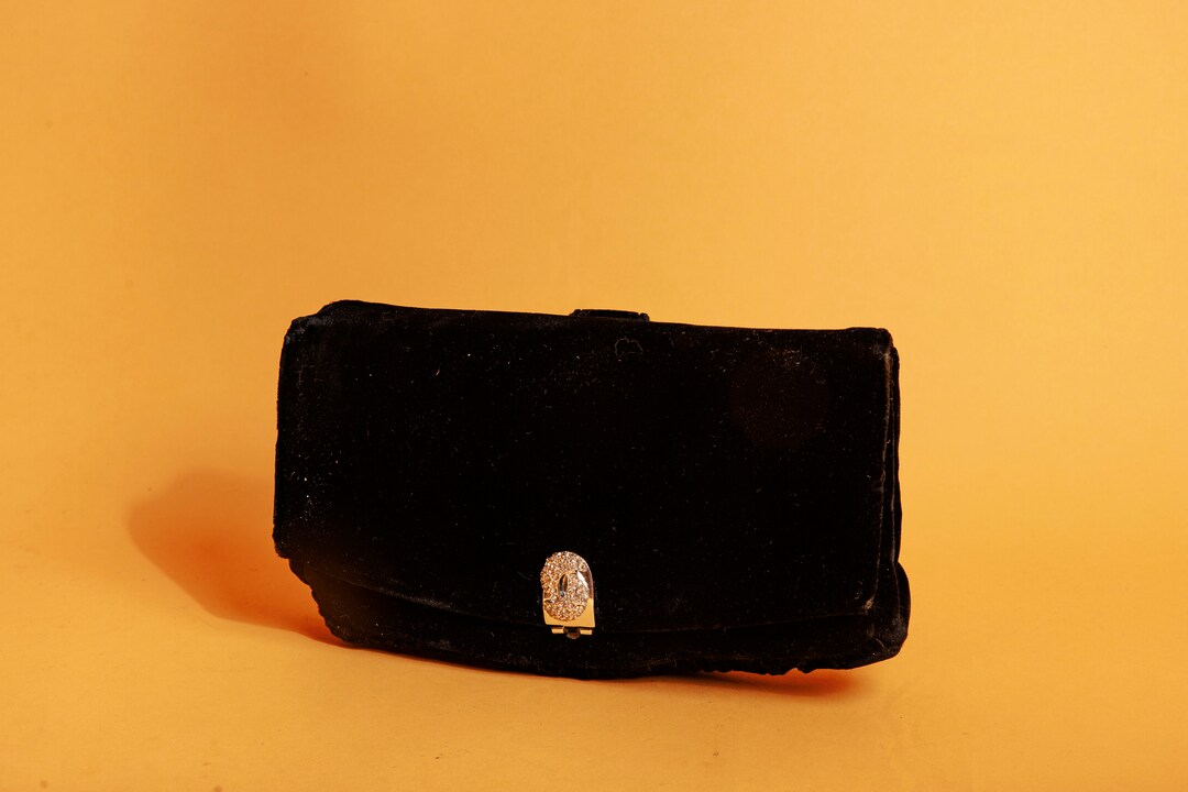 50s Black Velvet Silver Rhinestone Clutch Vintage Rayon Evening Hang ...