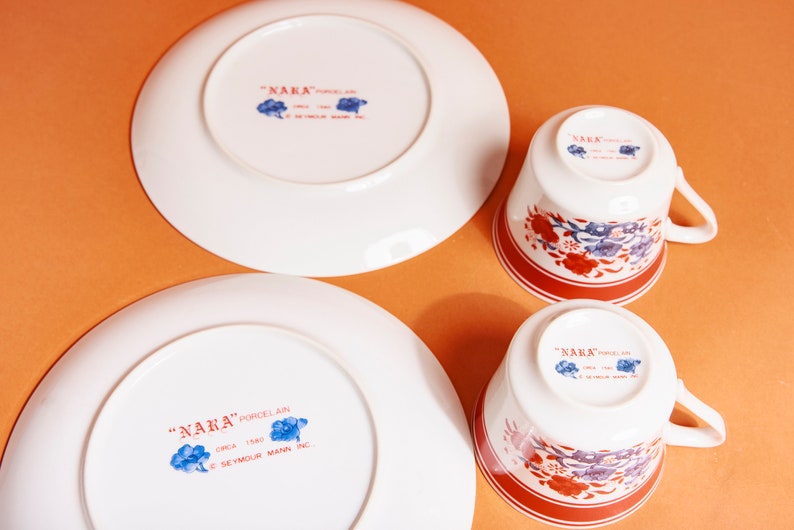 Set of 2 80s Red White Floral Watercolor Mugs With Plates Vintage Nara ...
