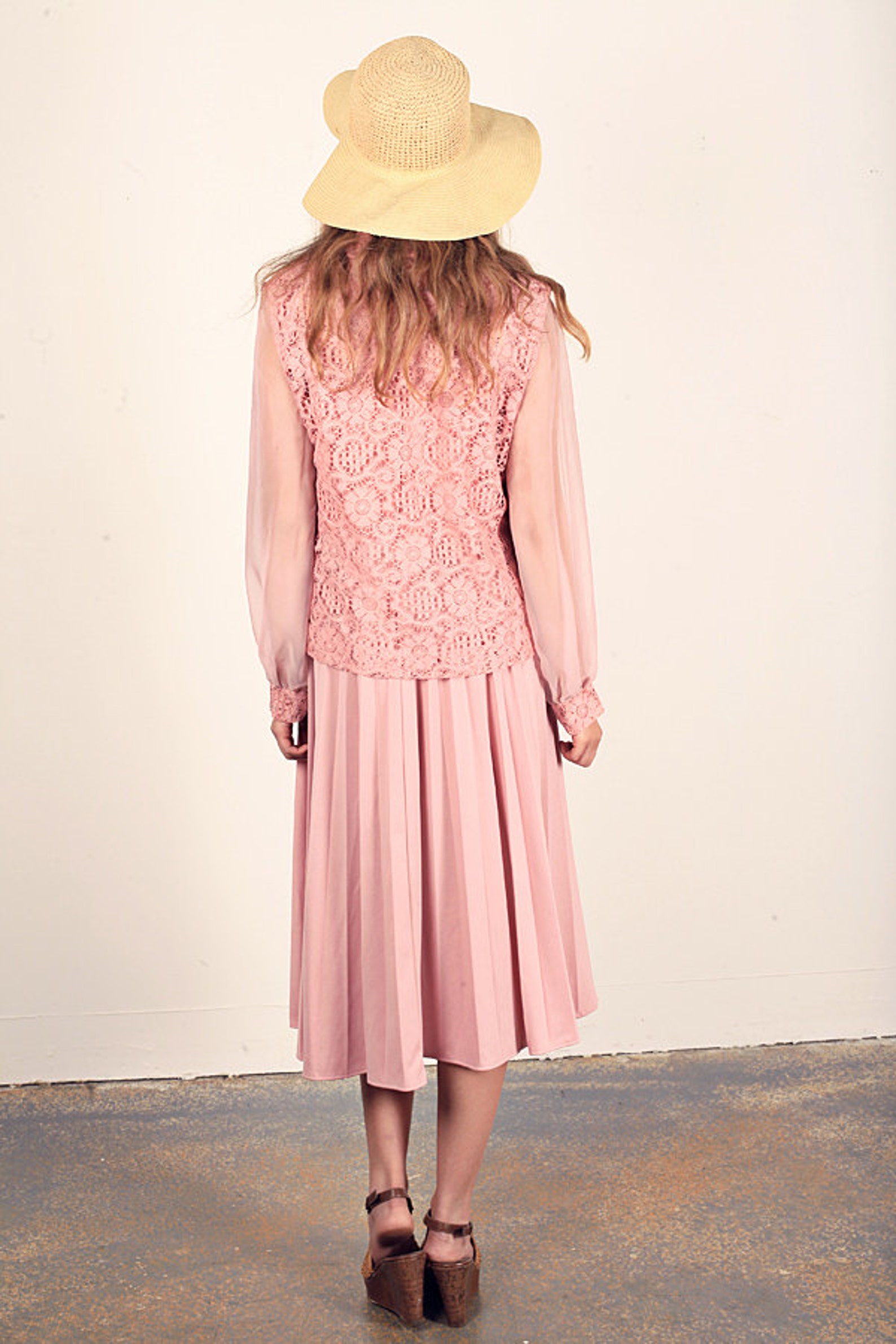 70s Lace Rose Dress Vintage Pleated Lace Two Piece Dress | Etsy