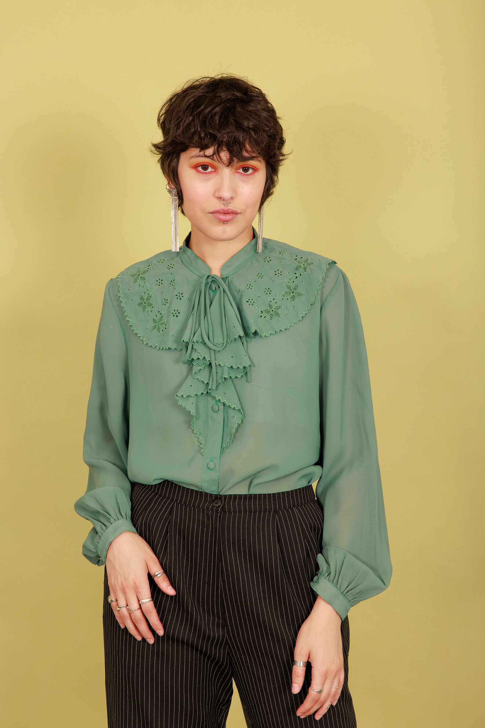 70s Leaf Green Ruffle Top Vintage Long Sleeve Tunic Top - Etsy