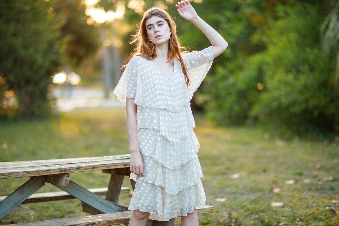 80s Beige Tiered Ruffle Formal Dress Vintage Printed Romantic | Etsy