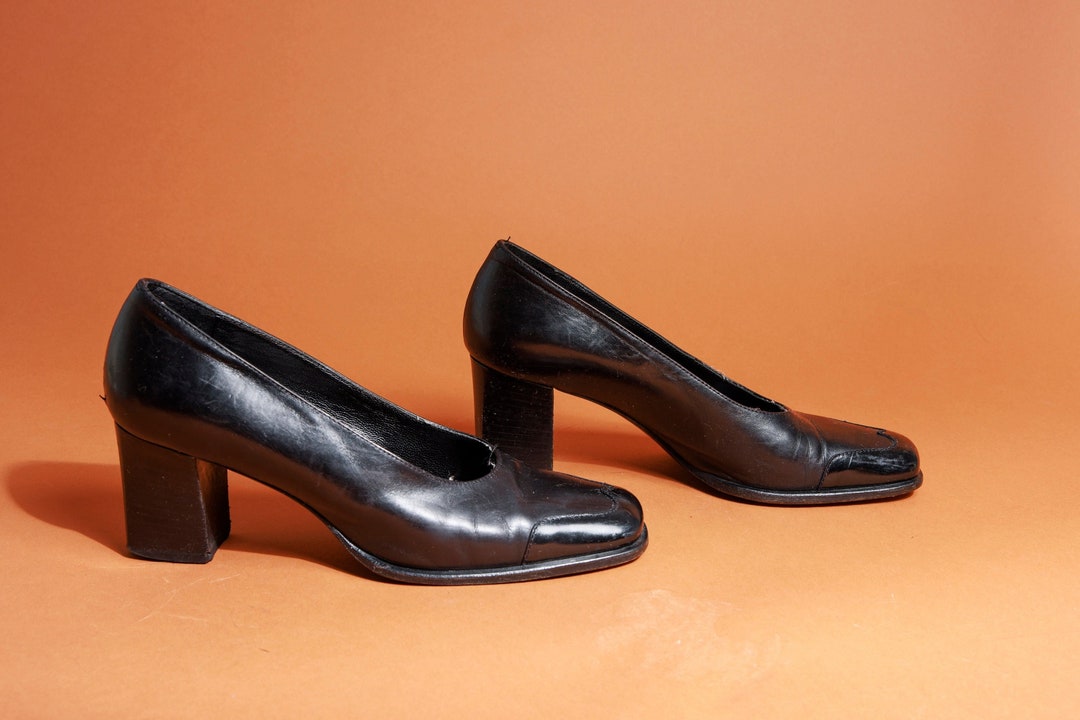 90s Black Leather Wing Tip Heels Vintage Classic Italian Square Shoes ...