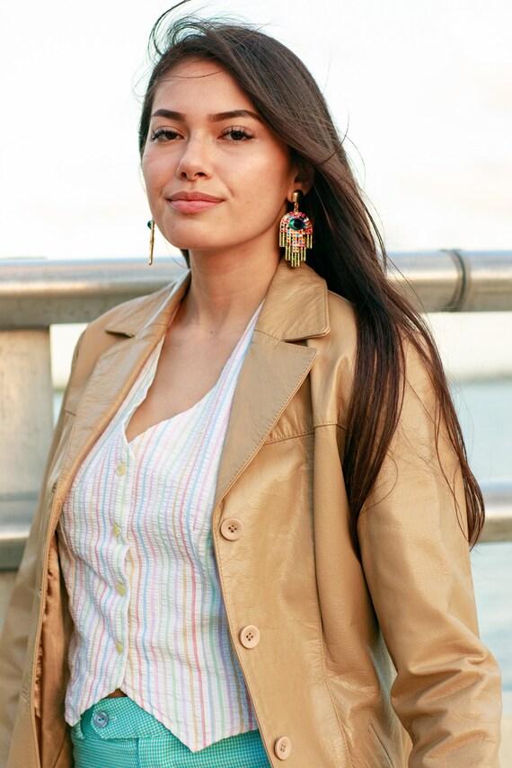 70s Khaki Light Tan Leather Jacket Vintage Long Sleev… - Gem