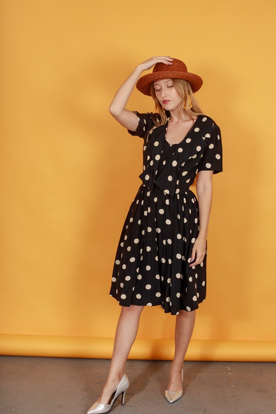 50s Polka Dot Party Dress Vintage Black White Silk Sw… - Gem