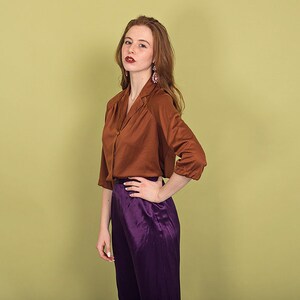 80s Deep Shiny Brown Top Vintage Long Sleeve Classic Blouse - Etsy