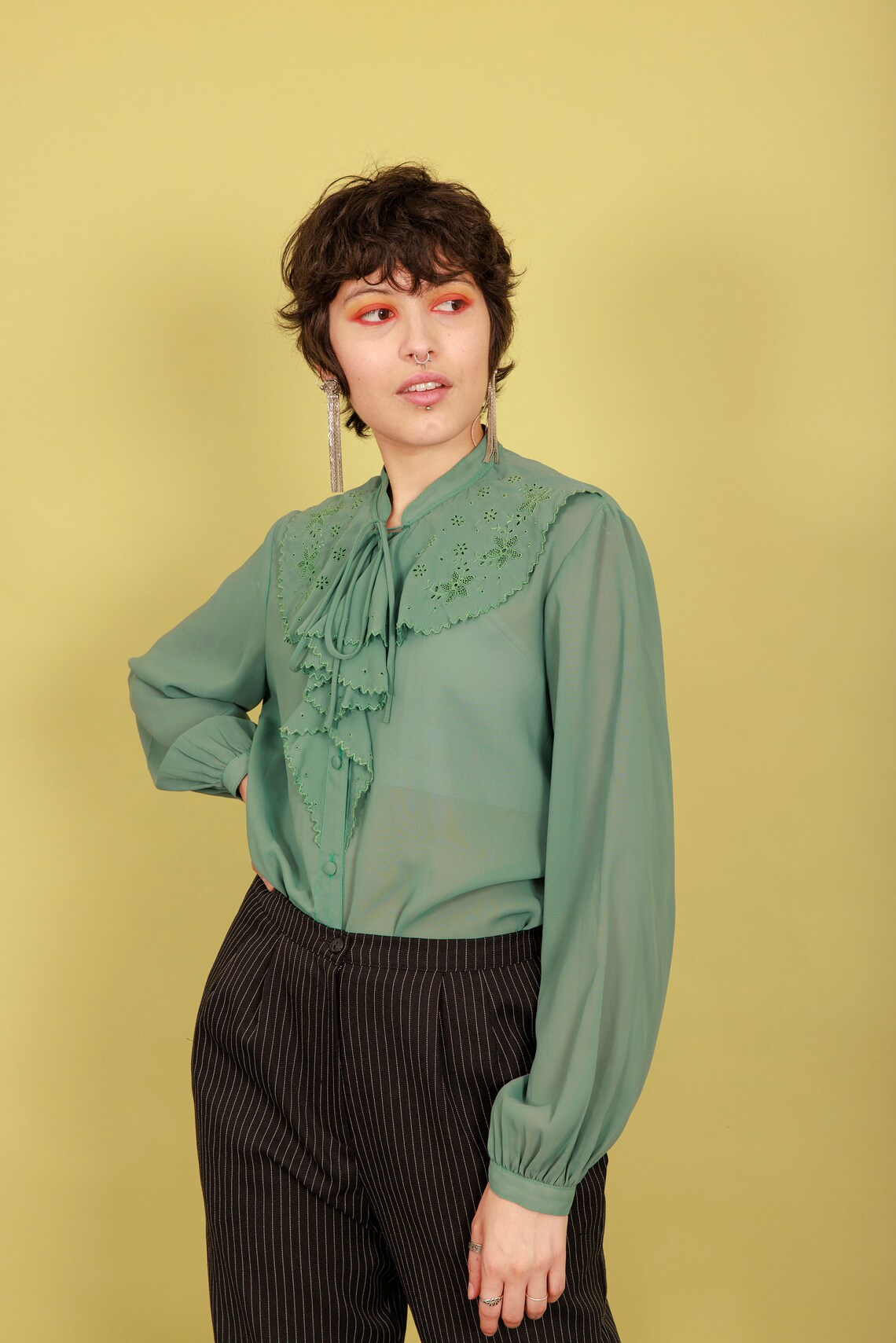 70s Leaf Green Ruffle Top Vintage Long Sleeve Tunic Top - Etsy