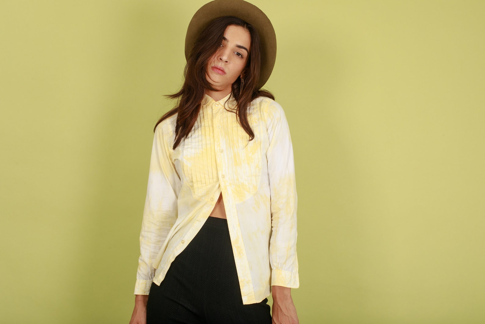 60s Pale Yellow Tie Dye Cotton Blouse Vintage Hand Dyed Long Sleeve Bib ...
