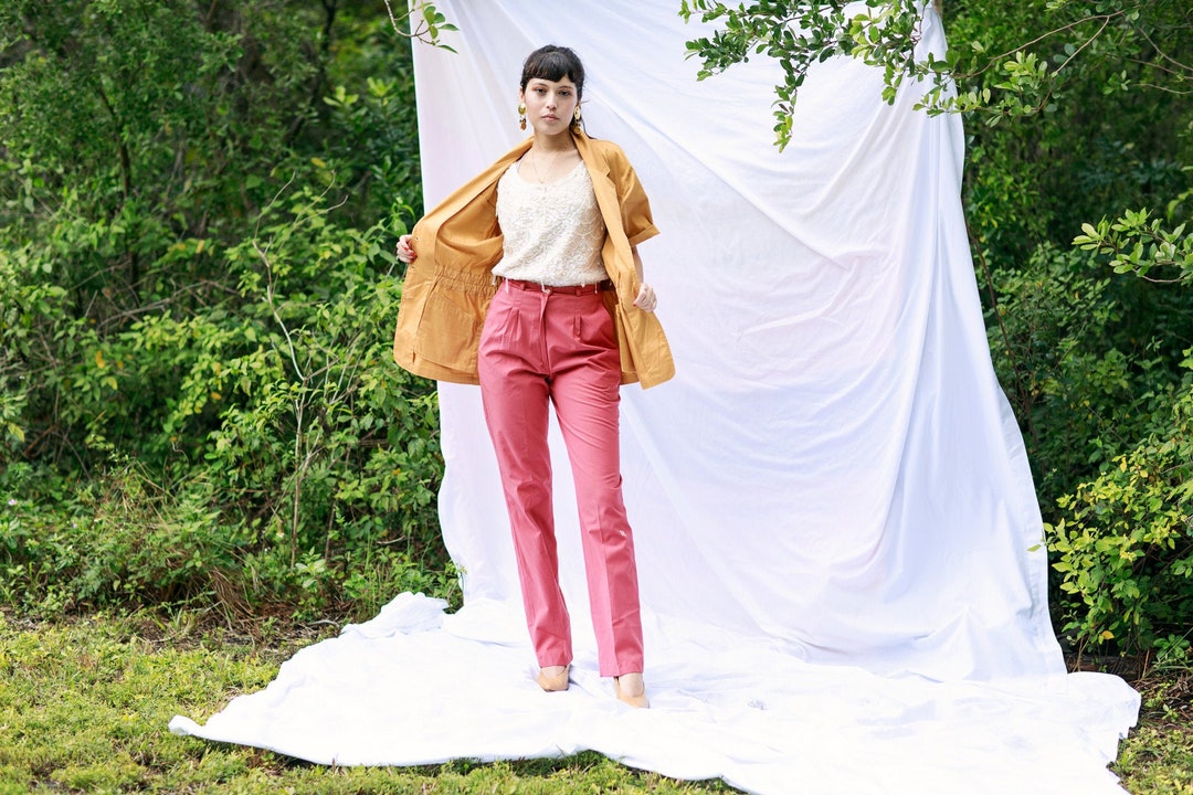 70s Dark Rose Pink Fitted Trousers Vintage High Waisted Straight Pants ...