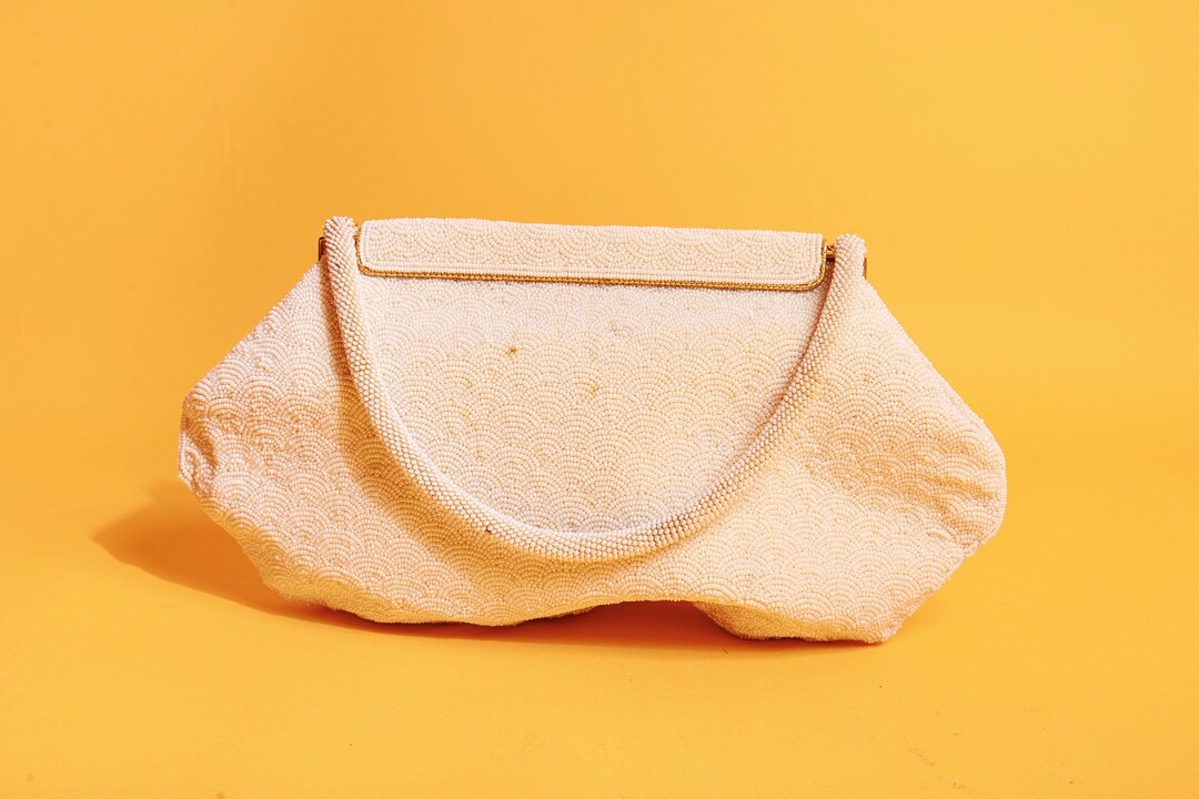 50s White Beaded Formal Strap Purse Vintage Clamp Dainty Gold Clutch - Etsy