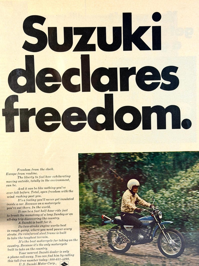 Vintage Suzuki Motorcycle Ad Wall Art • Retro Bike Print • "suzuki ...