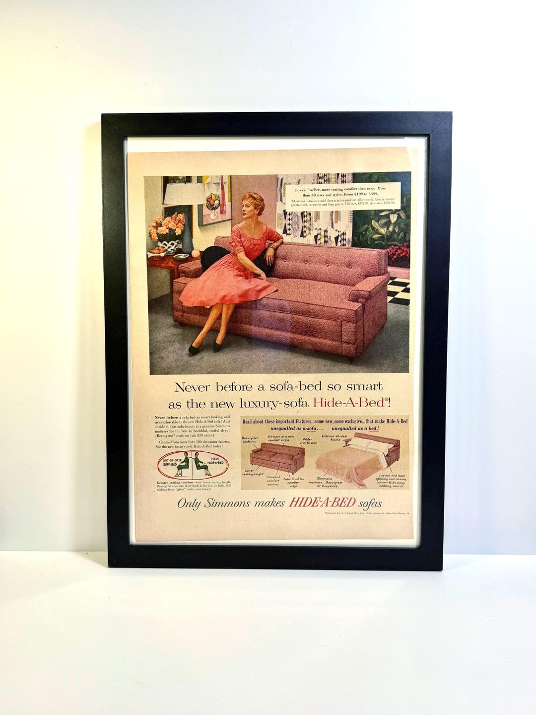 1955 Simmons Hide-a-bed Sofa Framed Ad • Mid Century Pink Furniture ...