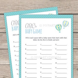 Abc Game, Baby Name Game, Hot Air Balloon Boy Baby Shower, Blue and ...