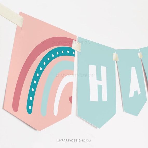 Boho Rainbow Birthday Banner, Rainbow Party Bunting, Boho Printables ...