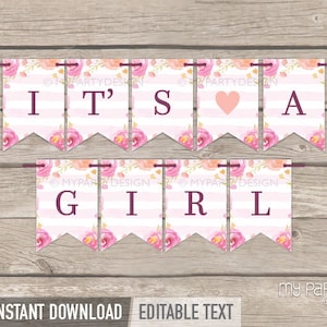 Floral Baby Shower Banner, It's a Girl Bunting, Floral Watercolor ...