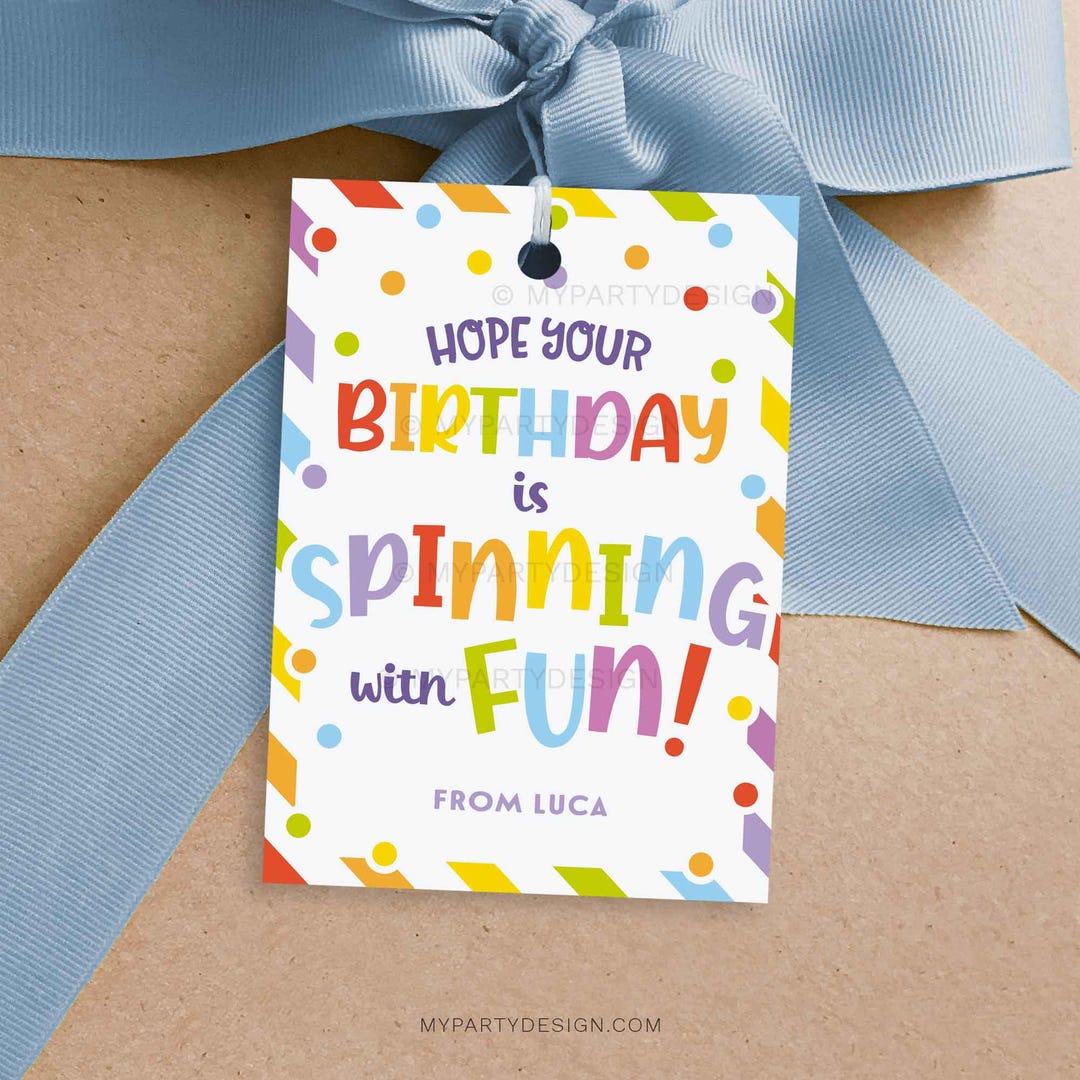 Spinning With Fun Happy Birthday Gift Tag, Kids Class Gift Label for ...