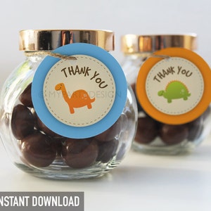 Dinosaur Favor Tags, Dino Birthday Decorations, Circle Thank You Labels ...