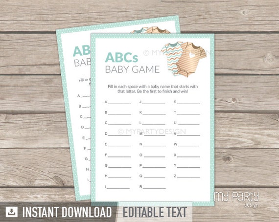 Abc Game, Baby Name Game, Mint Gold Baby Shower, bodysuit theme ...