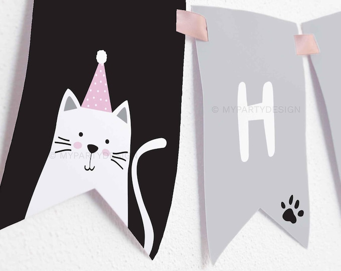 Cat Happy Birthday Banner, Printable Kitten Birthday Party Bunting ...
