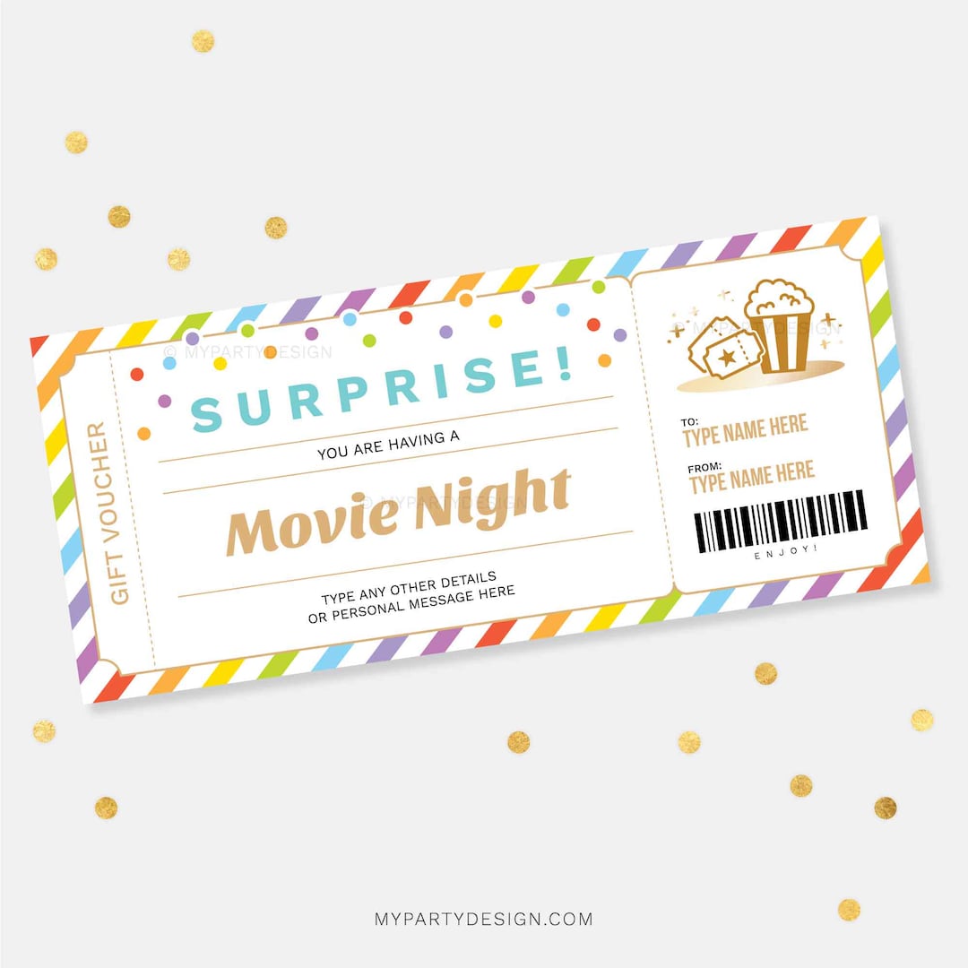 Movie Night Gift Voucher Template, Surprise Gift Card, Birthday Cinema ...