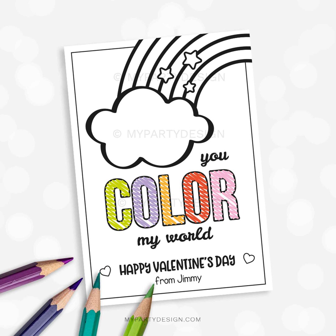 Coloring Valentine's Day Card, You Color My World Kids Valentine Tags ...