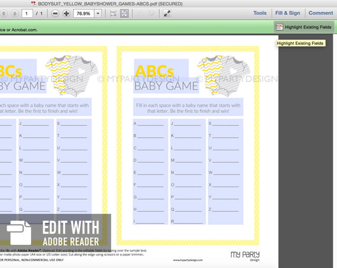 Yellow Baby Shower Game, Abc Baby Name Game, Bodysuit Theme Babyshower ...