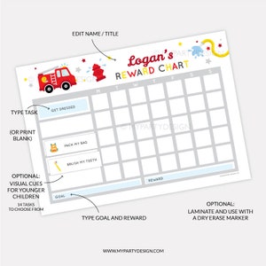 Fire Truck Chore Chart for Kids, Fire Truck Reward Chart, Editable ...