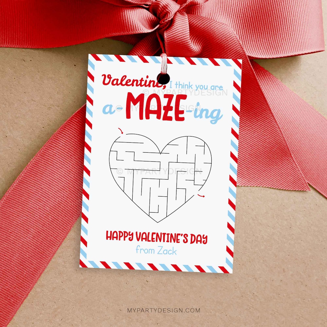 Maze Valentine's Day Tag, Blue Kids Valentine Cards for Classroom ...