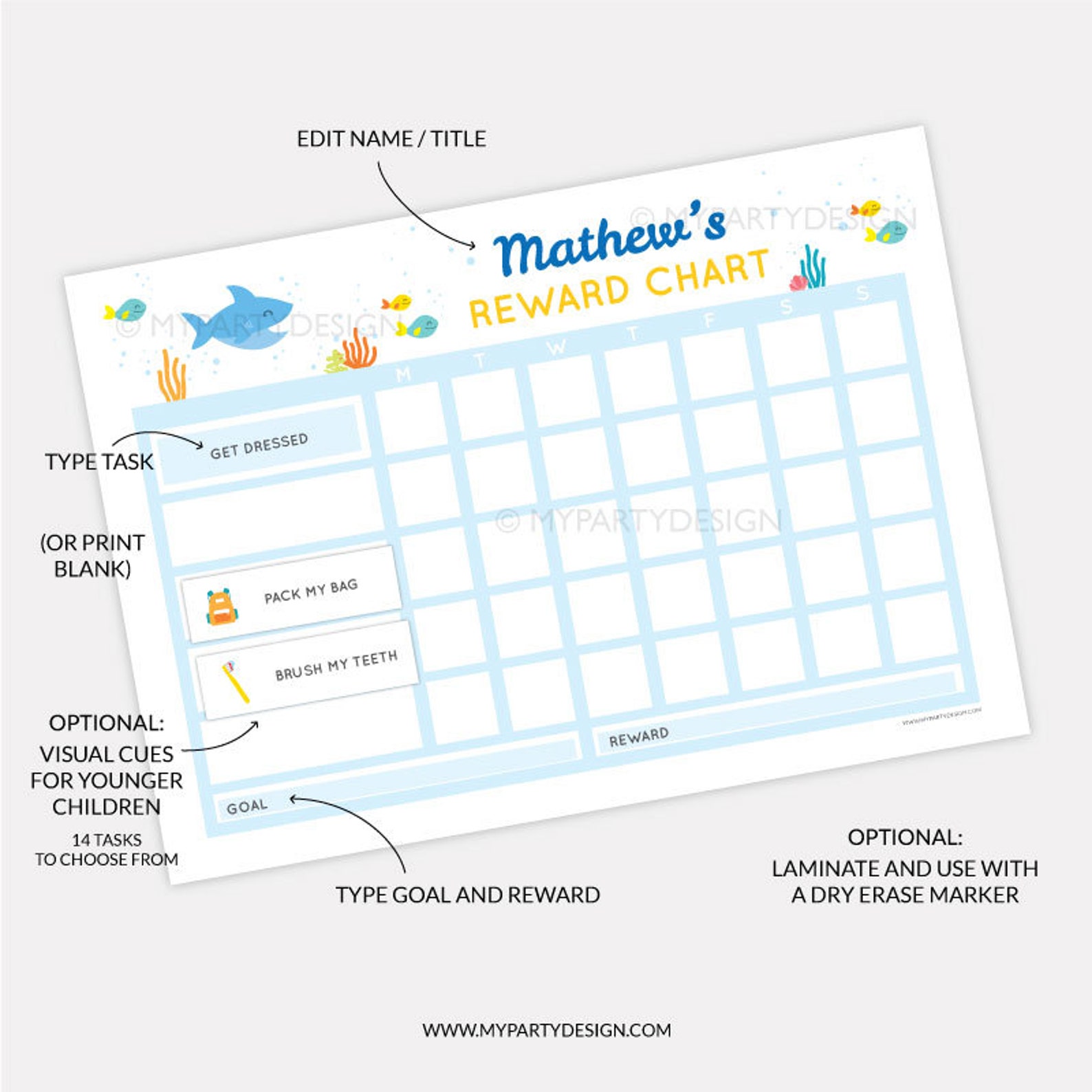 Under the Sea Reward Chart for Kids, Shark Chore Chart, Editable ...