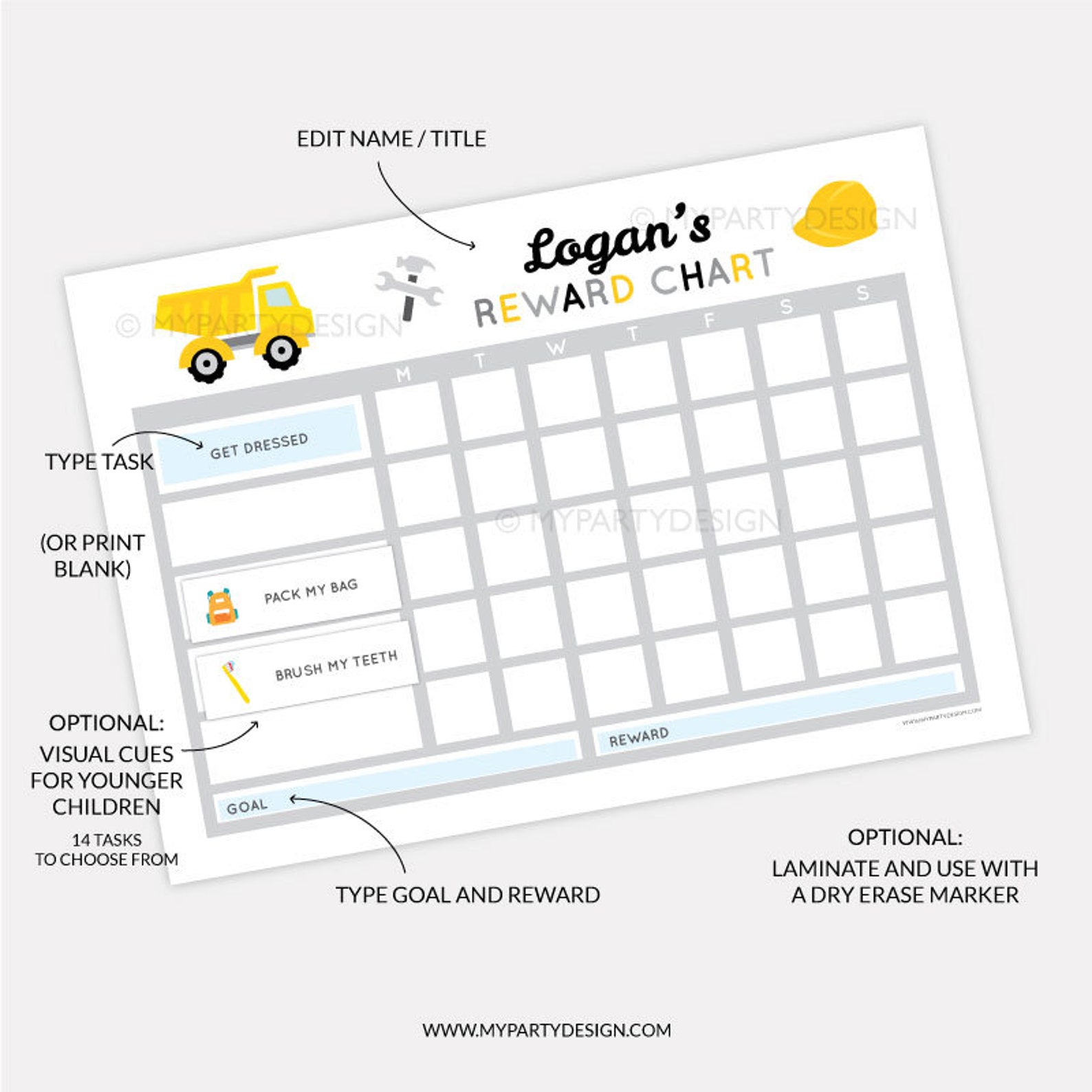 Chore Chart for Kids, Construction Reward Chart, Boys Editable Behavior ...