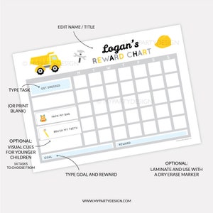 Chore Chart for Kids, Construction Reward Chart, Boys Editable Behavior ...