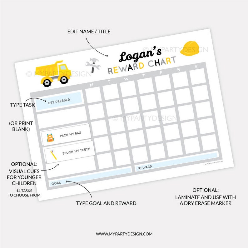 Chore Chart for Kids Construction Reward Chart Boys Editable - Etsy