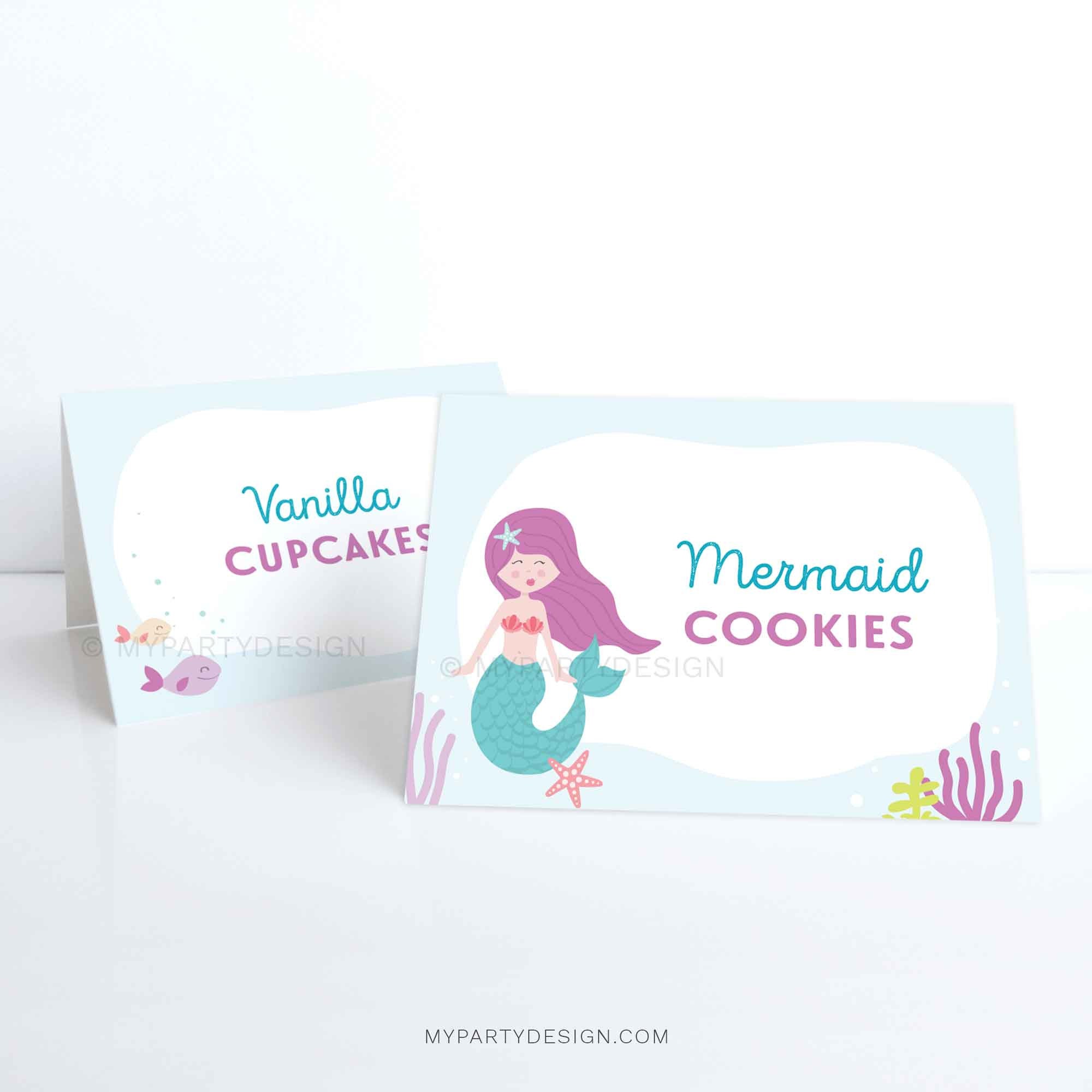 Mermaid Food Labels, Girl Party Printables, Place Cards, Mermaid ...