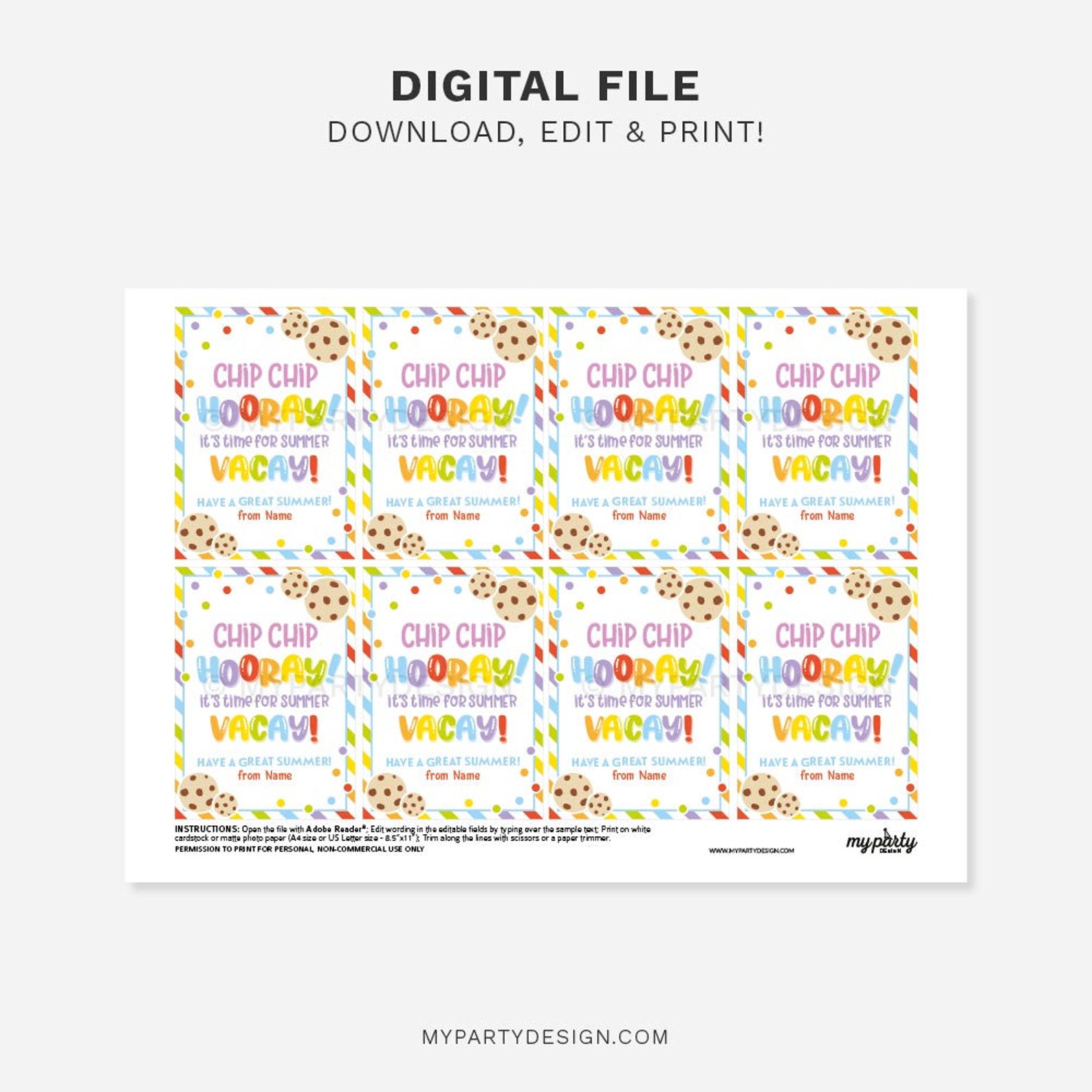 Chip Chip Hooray Summer Vacay Gift Tag, End of School Year Cookies Gift ...