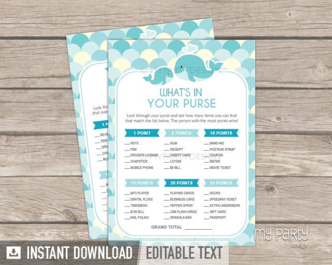 What's in Your Purse Game, Whale Baby Shower, Boy Babyshower, Turquoise ...