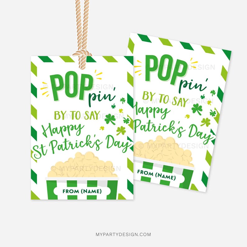 St Patricks Popcorn Gift Tag, Poppin by Gift Label, St Patrick's Day ...